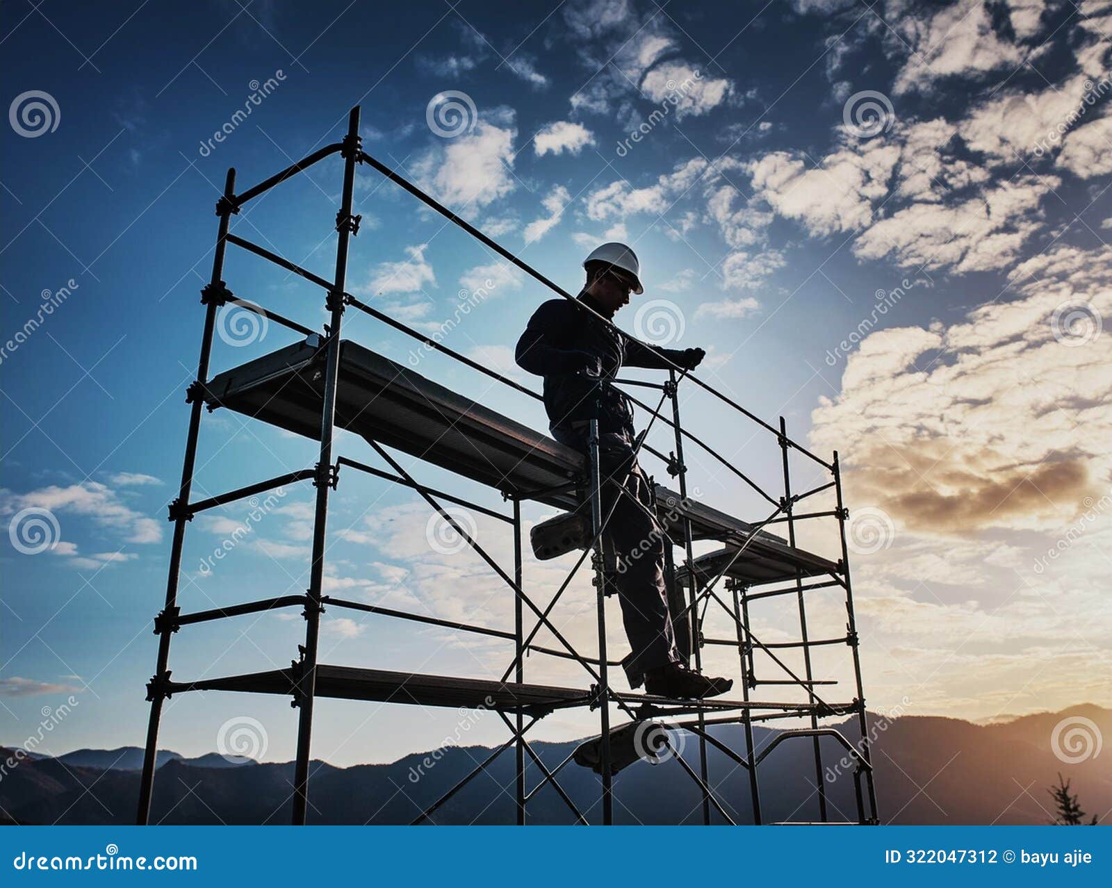 Silhouette of Worker on Scaffolding Working at Height, Sky Background ...