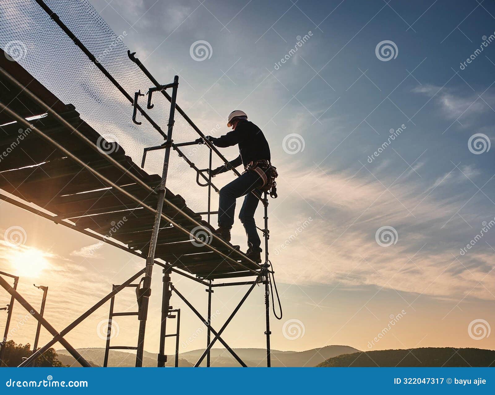 Silhouette of Worker on Scaffolding Working at Height, Sky Background ...