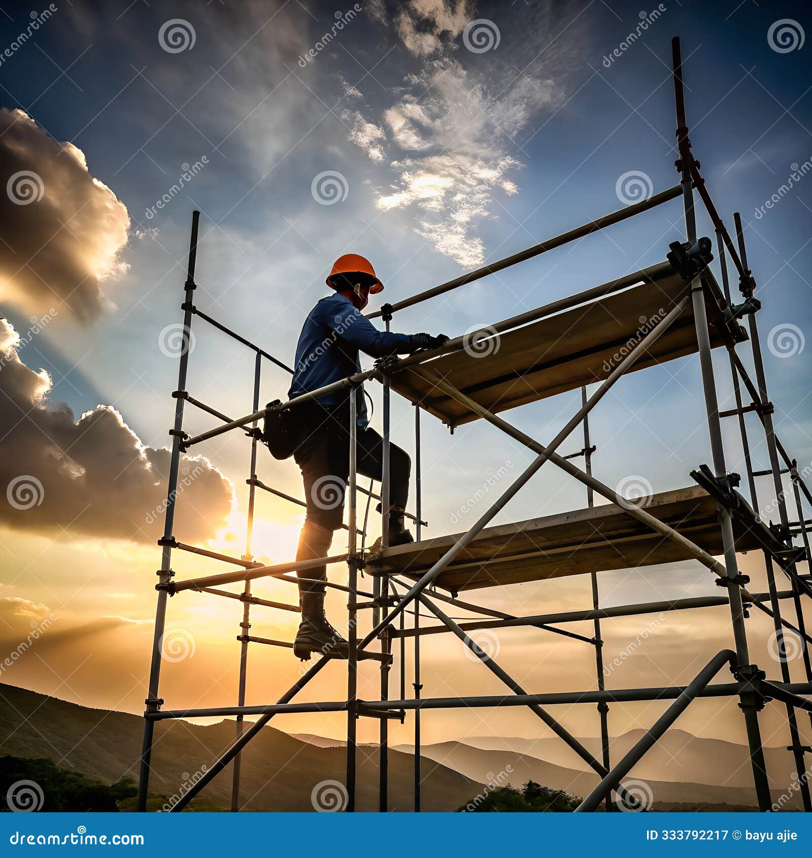 Silhouette of Worker on Scaffolding Working at Height, Sky Background ...