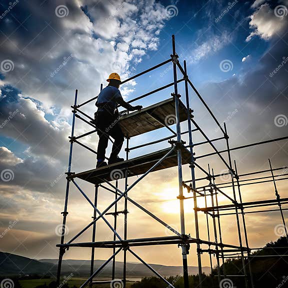 Silhouette of Worker on Scaffolding Working at Height, Sky Background ...