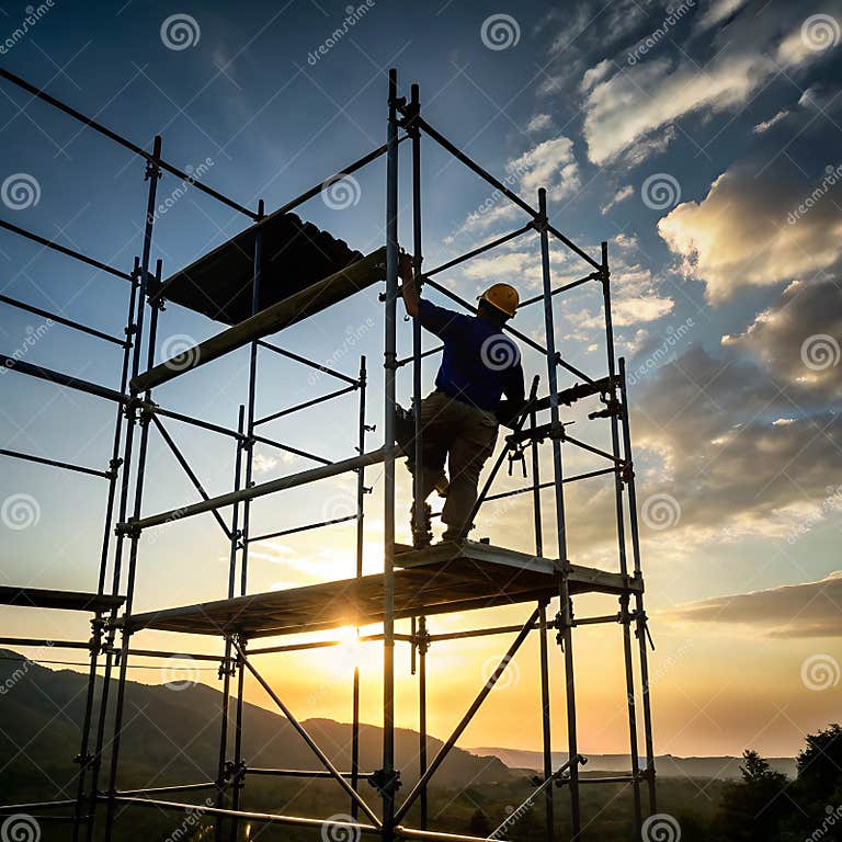 Silhouette of Worker on Scaffolding Working at Height, Sky Background ...