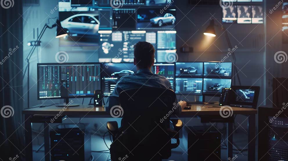 Man Working at High-Tech Control Center Desk with Multiple Monitors, Generative AI Stock Photo ...