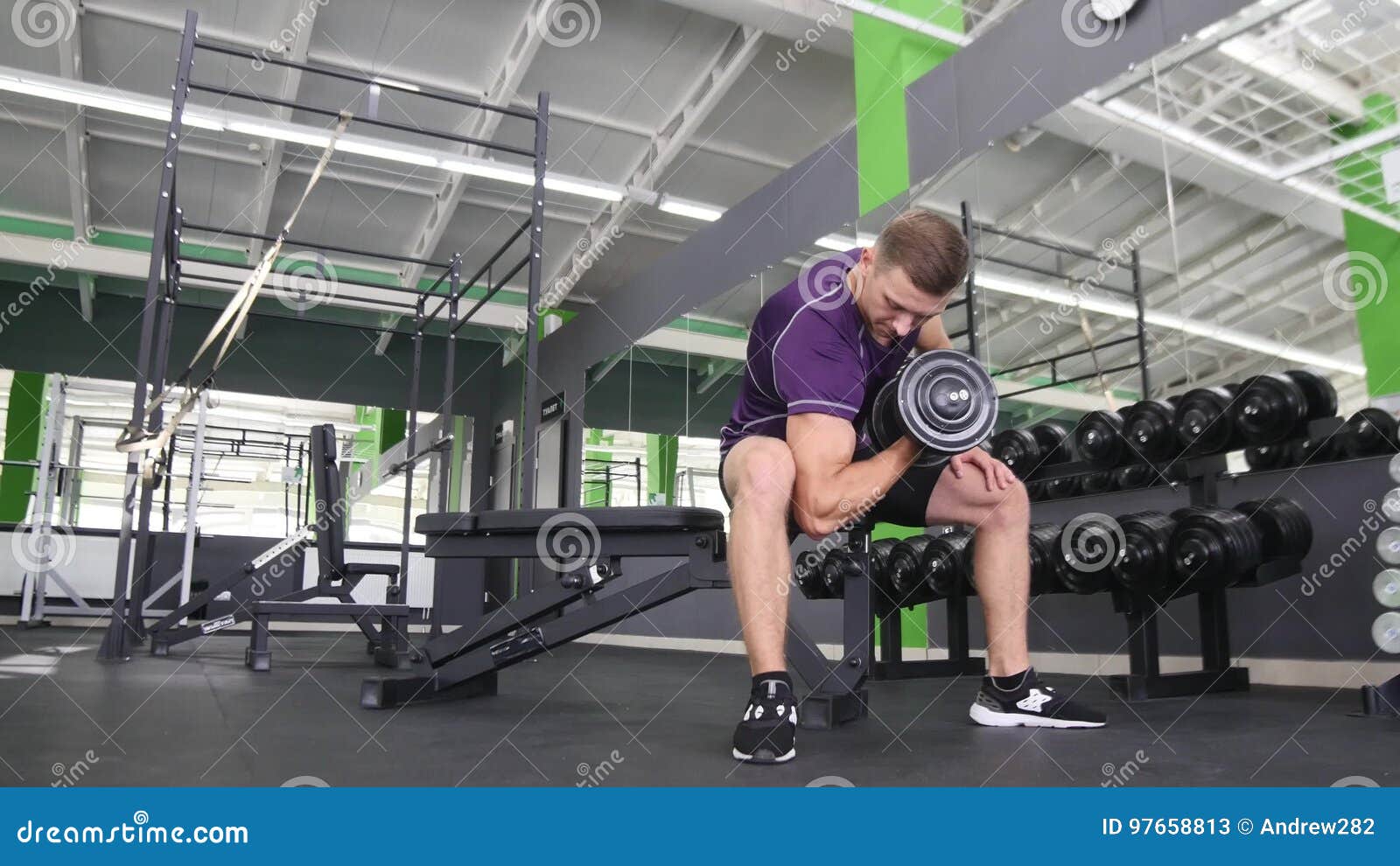 Man Working His Arms at the Gym, he Lifting the Dumbbells and Working ...
