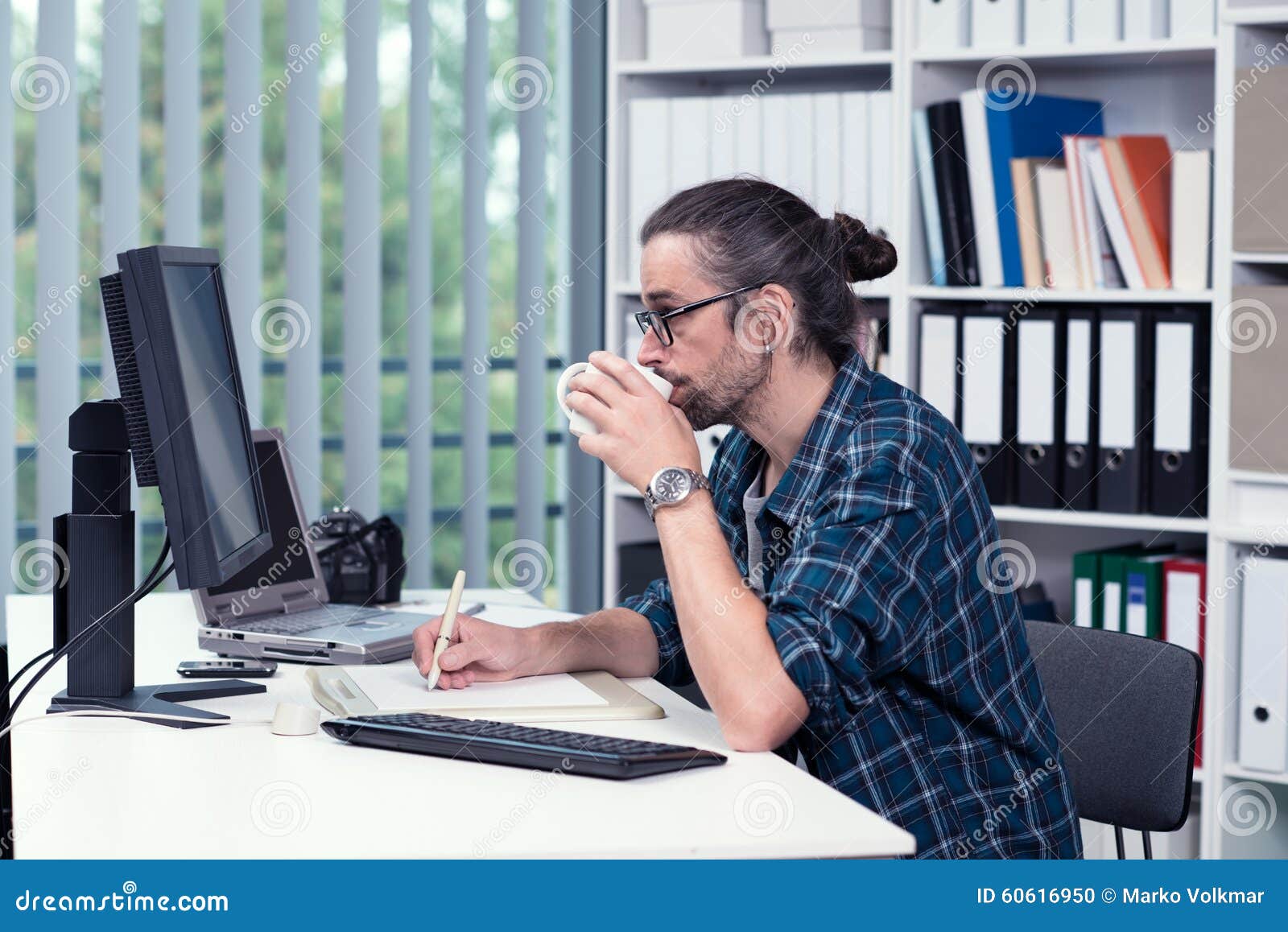 Man is Working in His Office Stock Photo - Image of camera, coffee ...