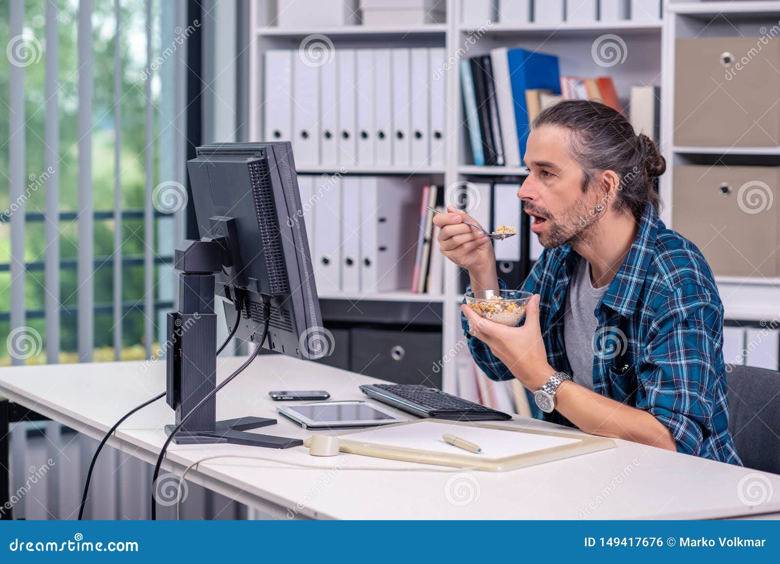 Man is Working in His Officeand Eating Stock Photo - Image of cool ...