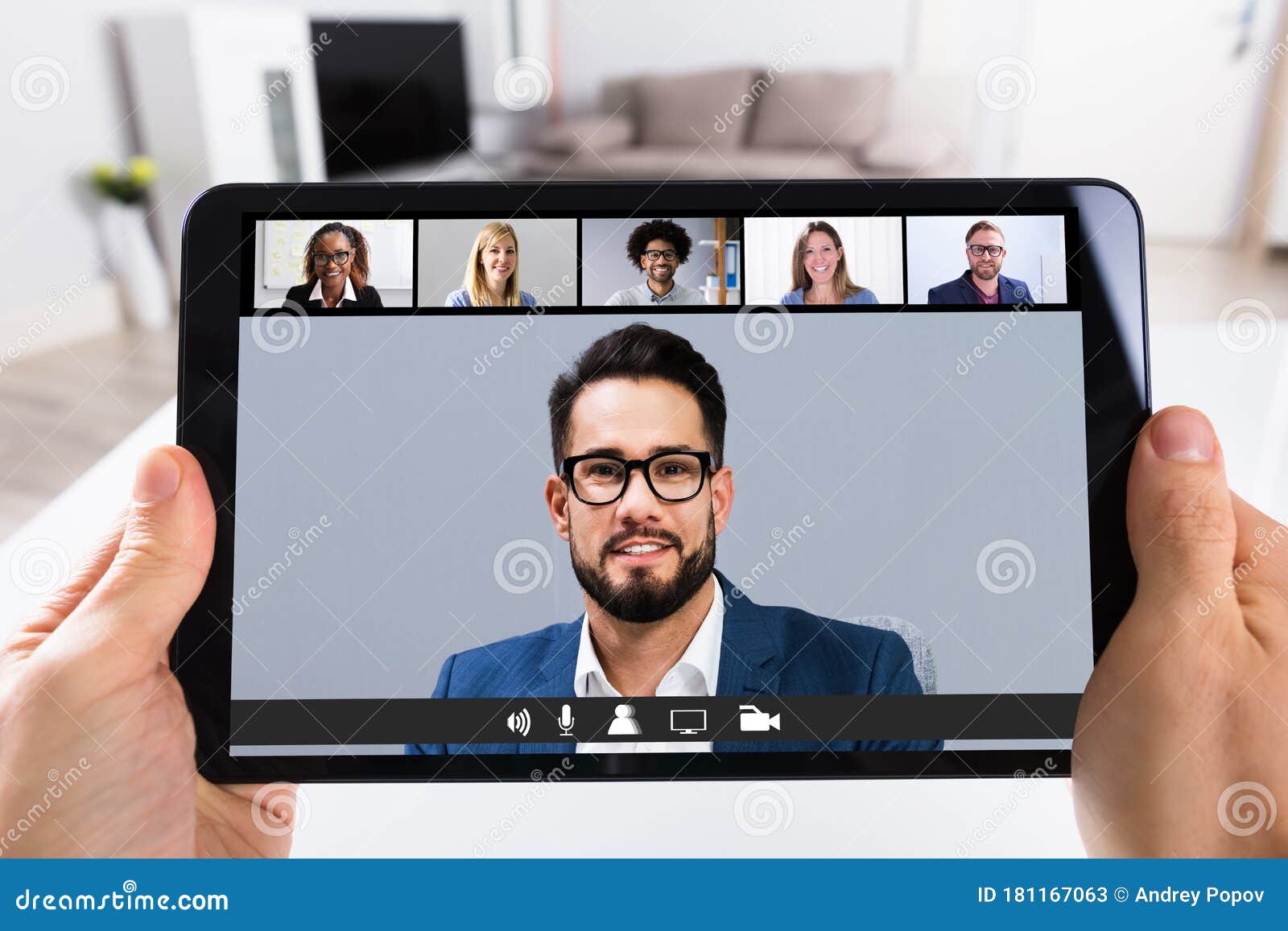 Man Working from Home Having Group Videoconference Stock Image - Image ...