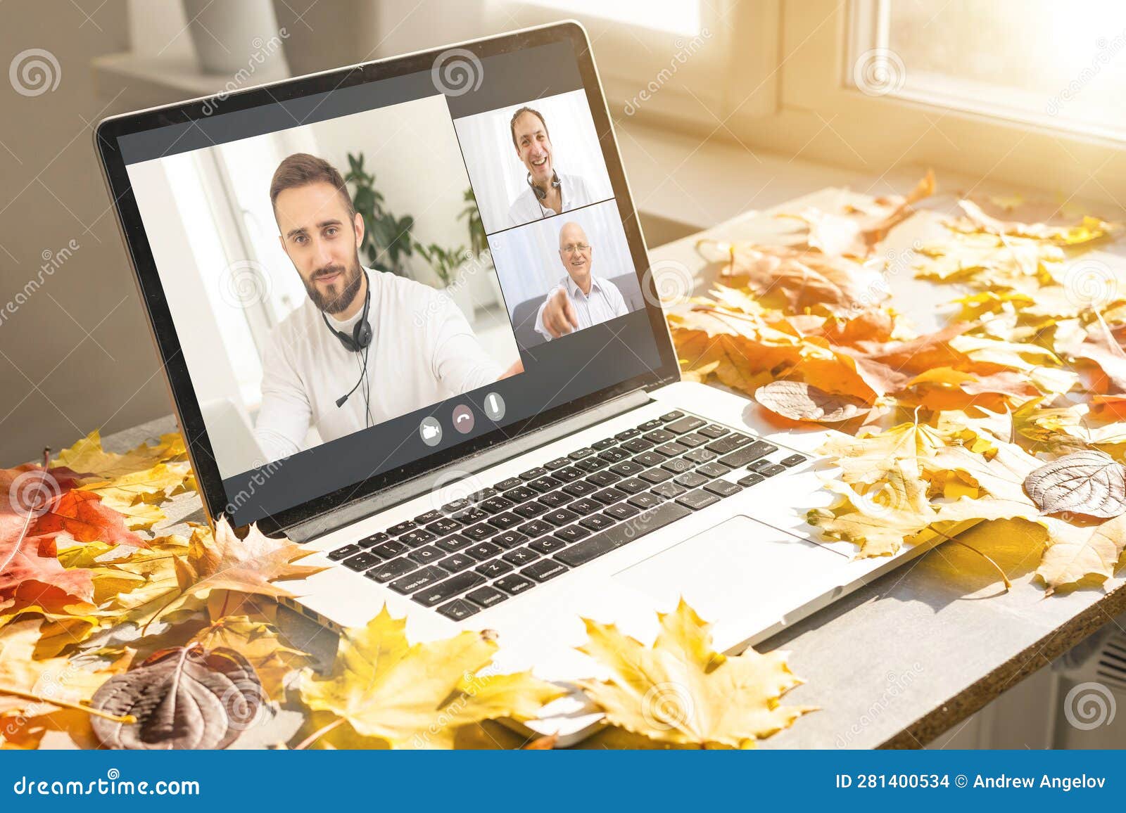 Man Working from Home Having Online Group Videoconference on Laptop ...