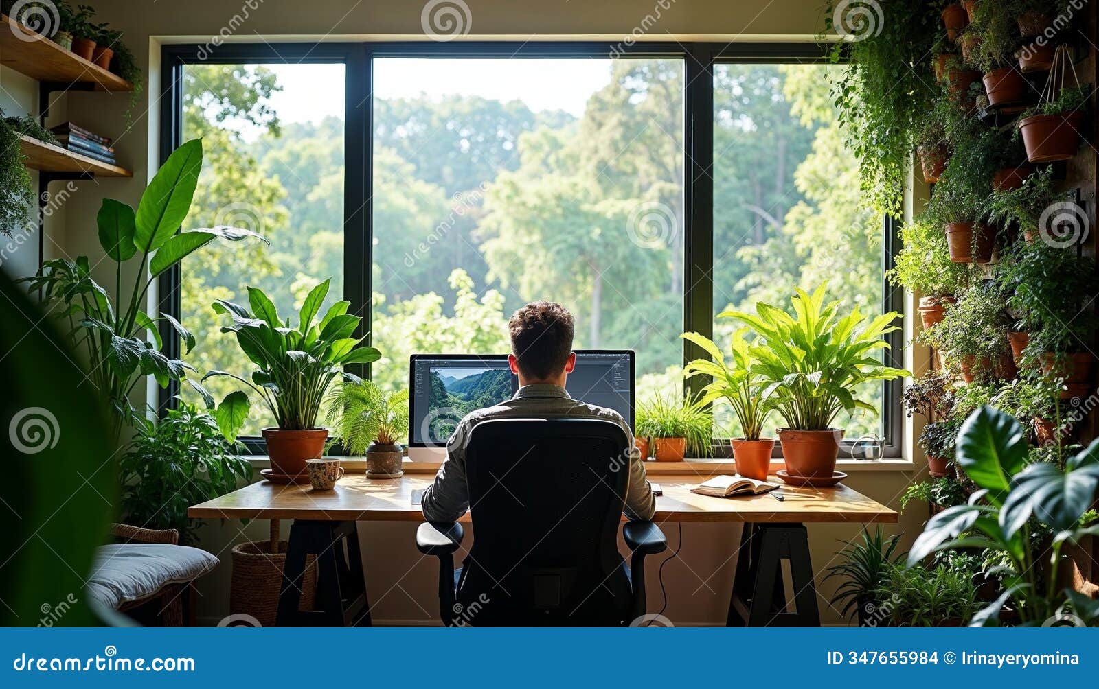 Man Working in Home Office with Large Windows and Indoor Plants ...