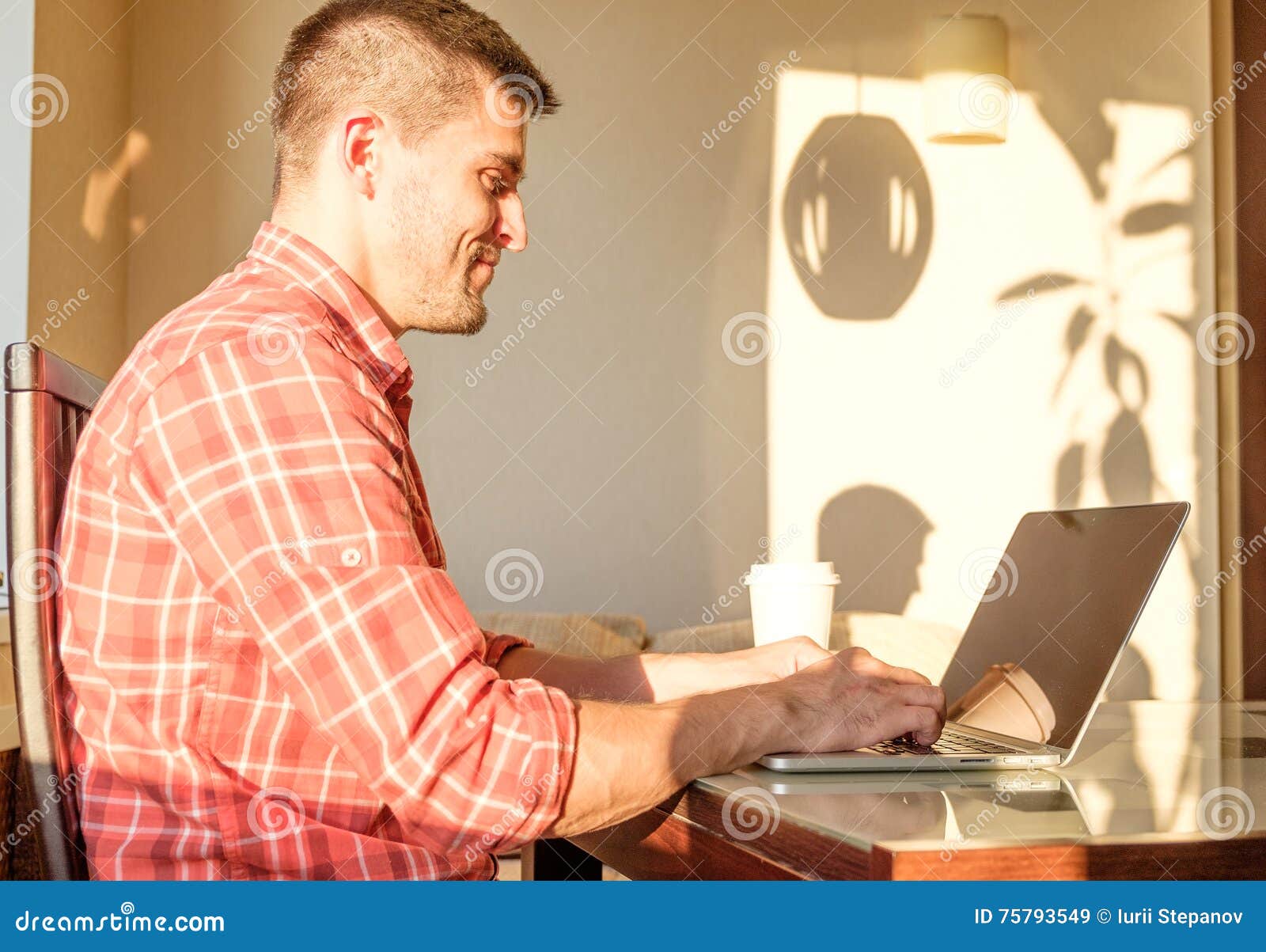 Man working at home stock image. Image of computer, drink - 75793549