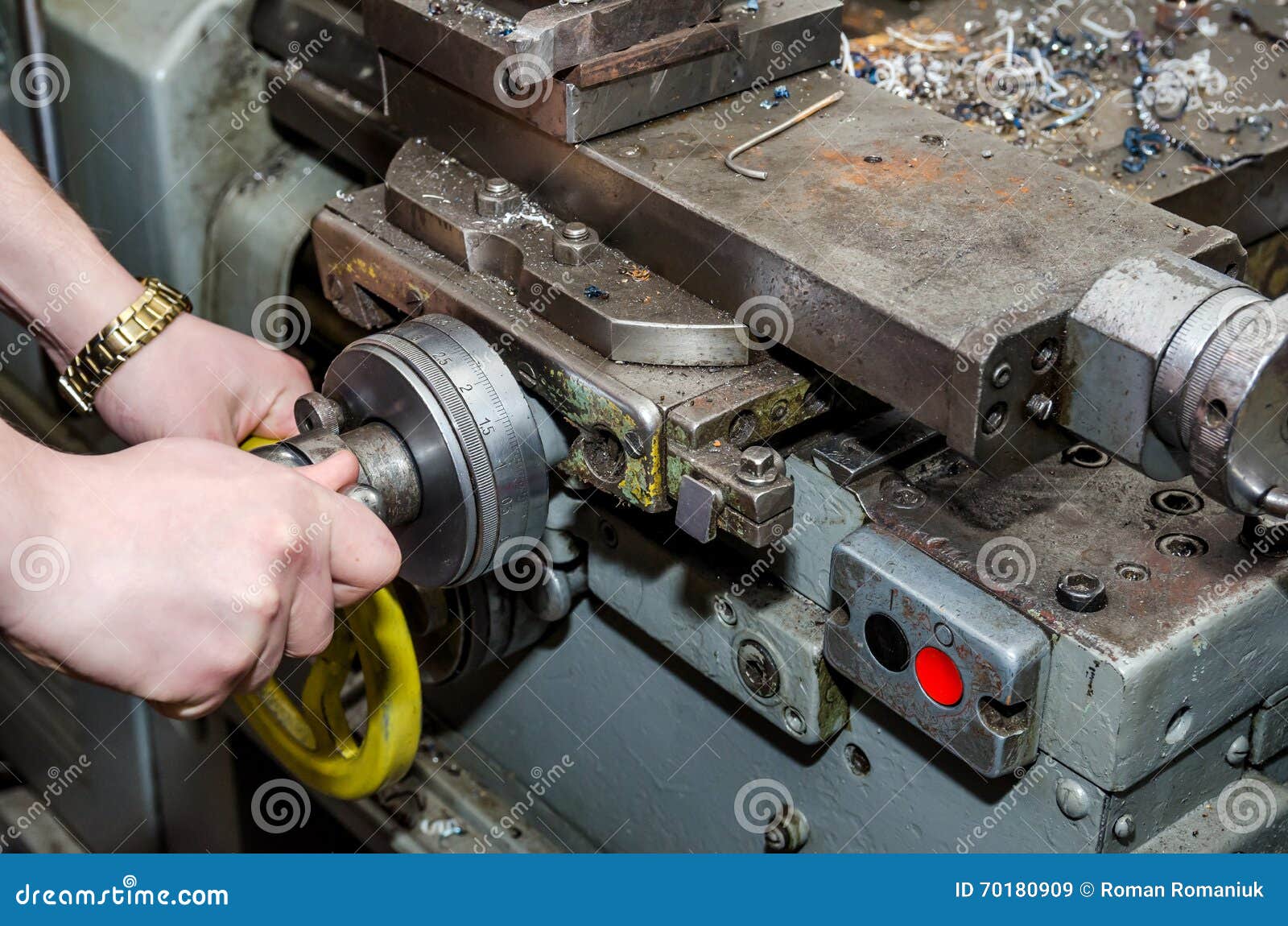 Man Working on Industrial Lathe Stock Image - Image of hands, blue ...