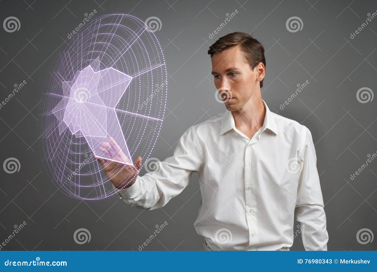 Man Working with Interactive Sci-Fi HUD Interface. Stock Image - Image ...