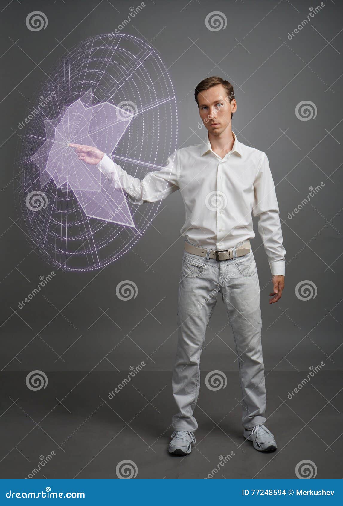Man Working with Interactive Sci-Fi HUD Interface. Stock Photo - Image ...