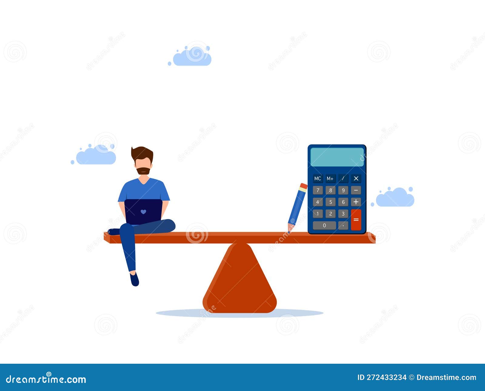 Man Working on Laptop with Calculator on Seesaw. Efficient Work and ...