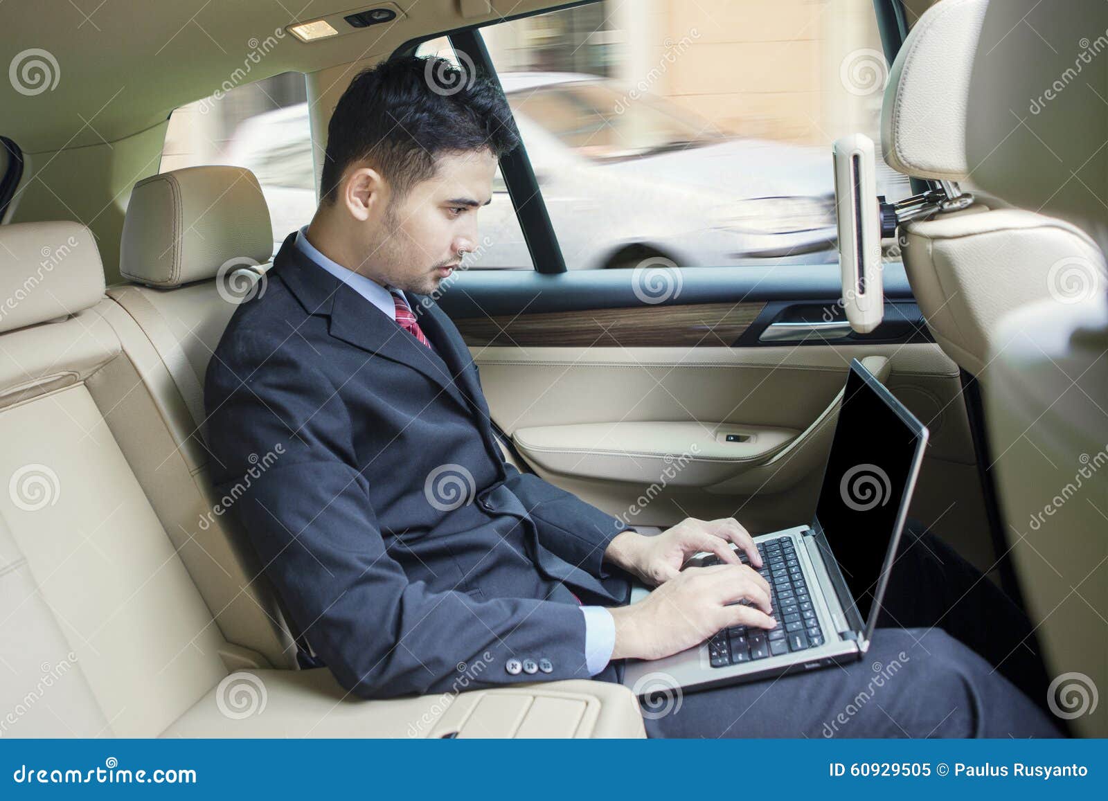 Man Working with Laptop in the Car Stock Image - Image of people ...