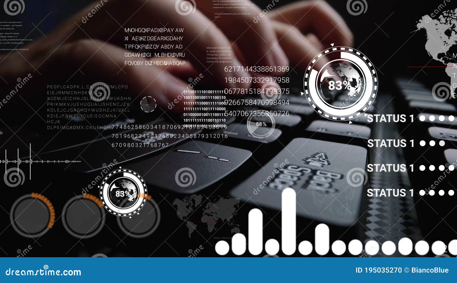 Man Working on Laptop Computer Keyboard with Graphic User Interface GUI ...