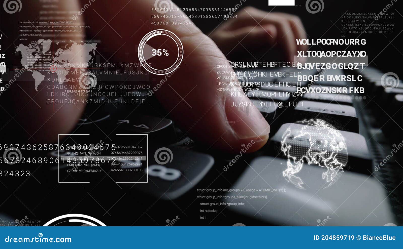 Man Working on Laptop Computer Keyboard with Graphic User Interface GUI ...