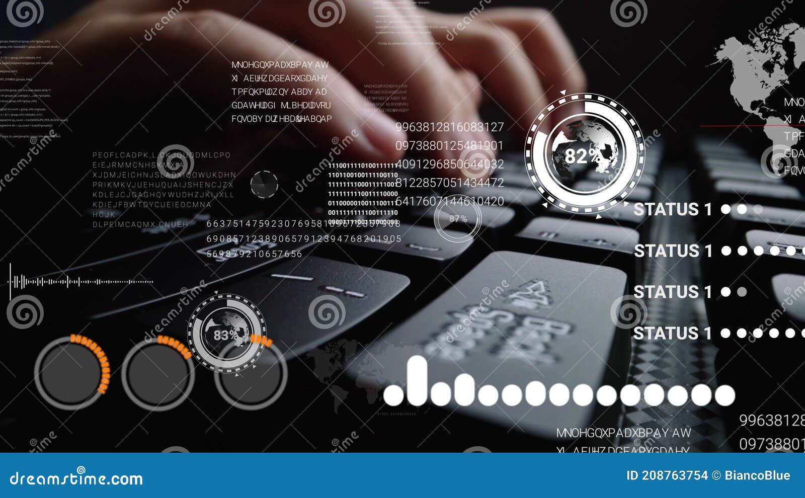 Man Working on Laptop Computer Keyboard with Graphic User Interface GUI ...