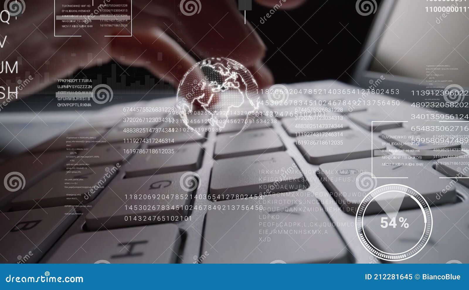 Man Working on Laptop Computer Keyboard with Graphic User Interface GUI ...