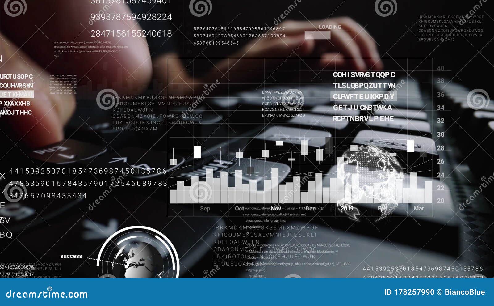 Man Working on Laptop Computer Keyboard with Graphic User Interface GUI ...