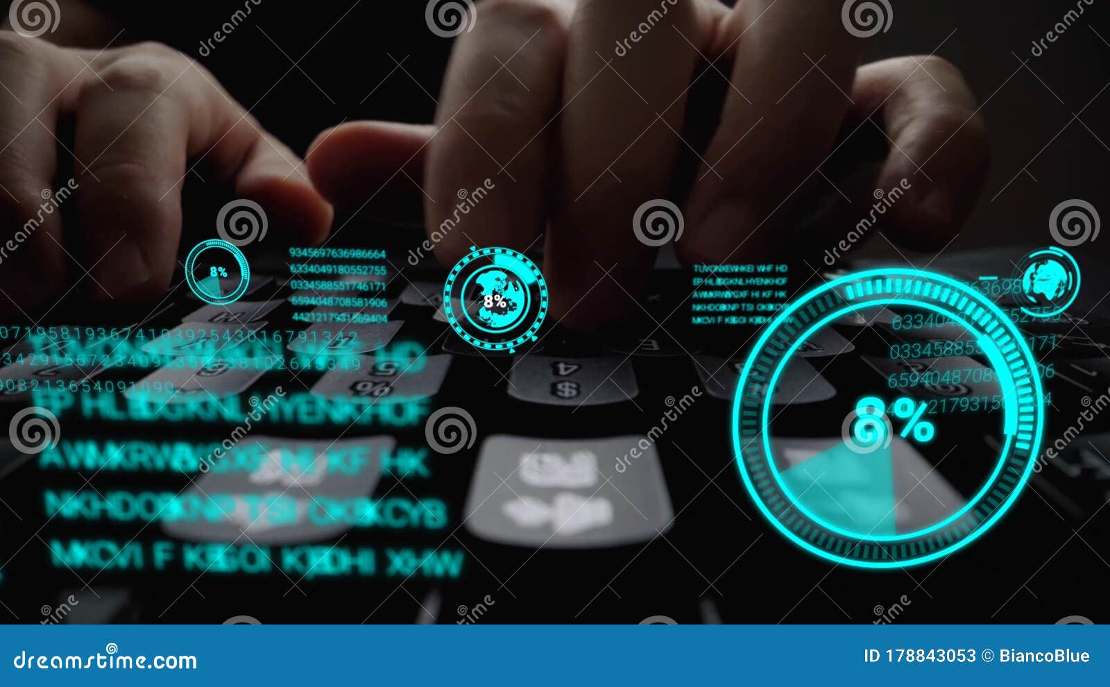 Man Working on Laptop Computer Keyboard with Graphic User Interface GUI ...