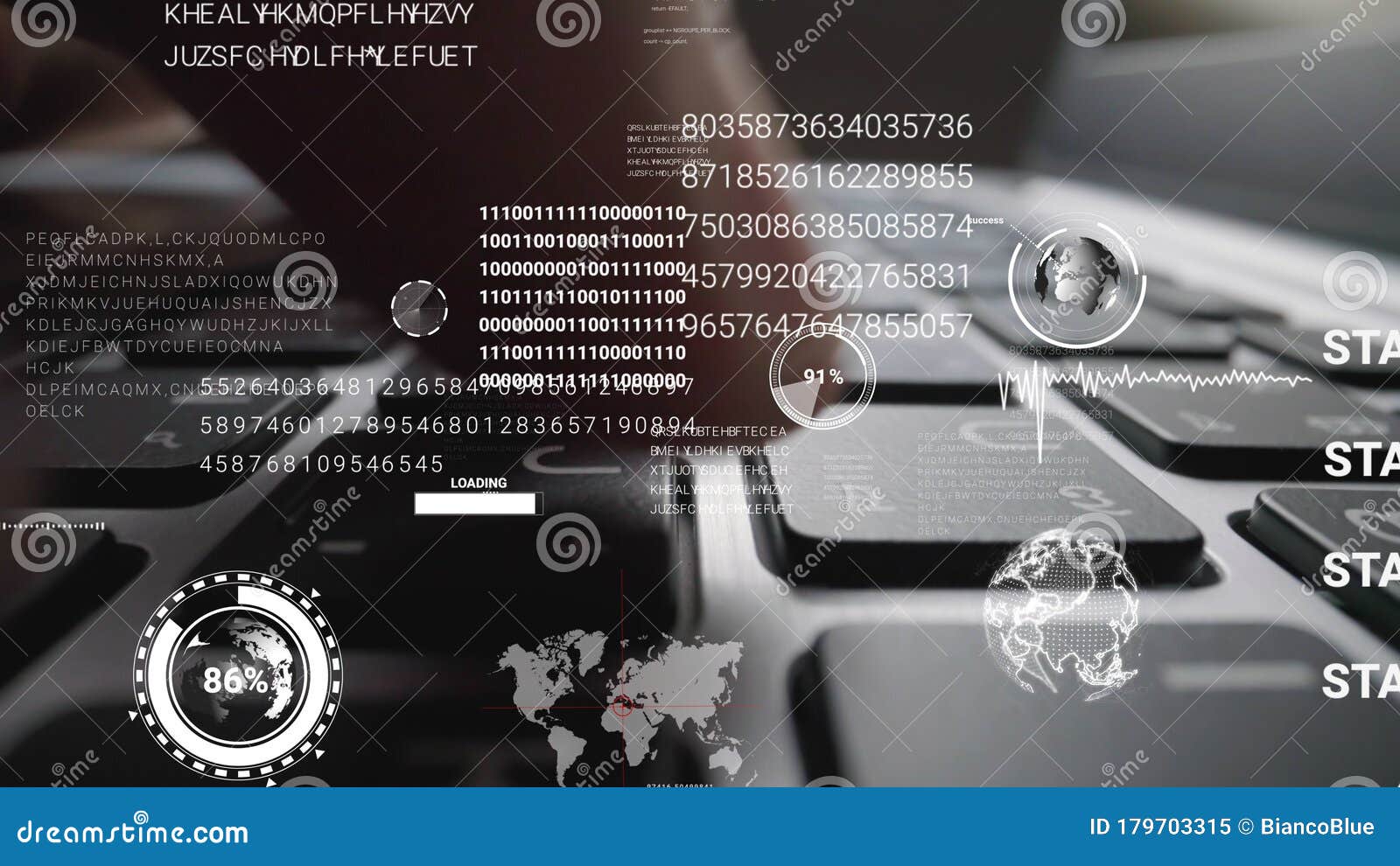 Man Working on Laptop Computer Keyboard with Graphic User Interface GUI ...