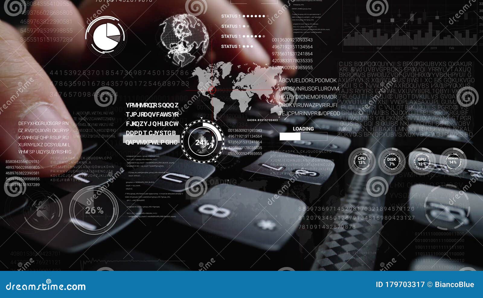 Man Working on Laptop Computer Keyboard with Graphic User Interface GUI ...