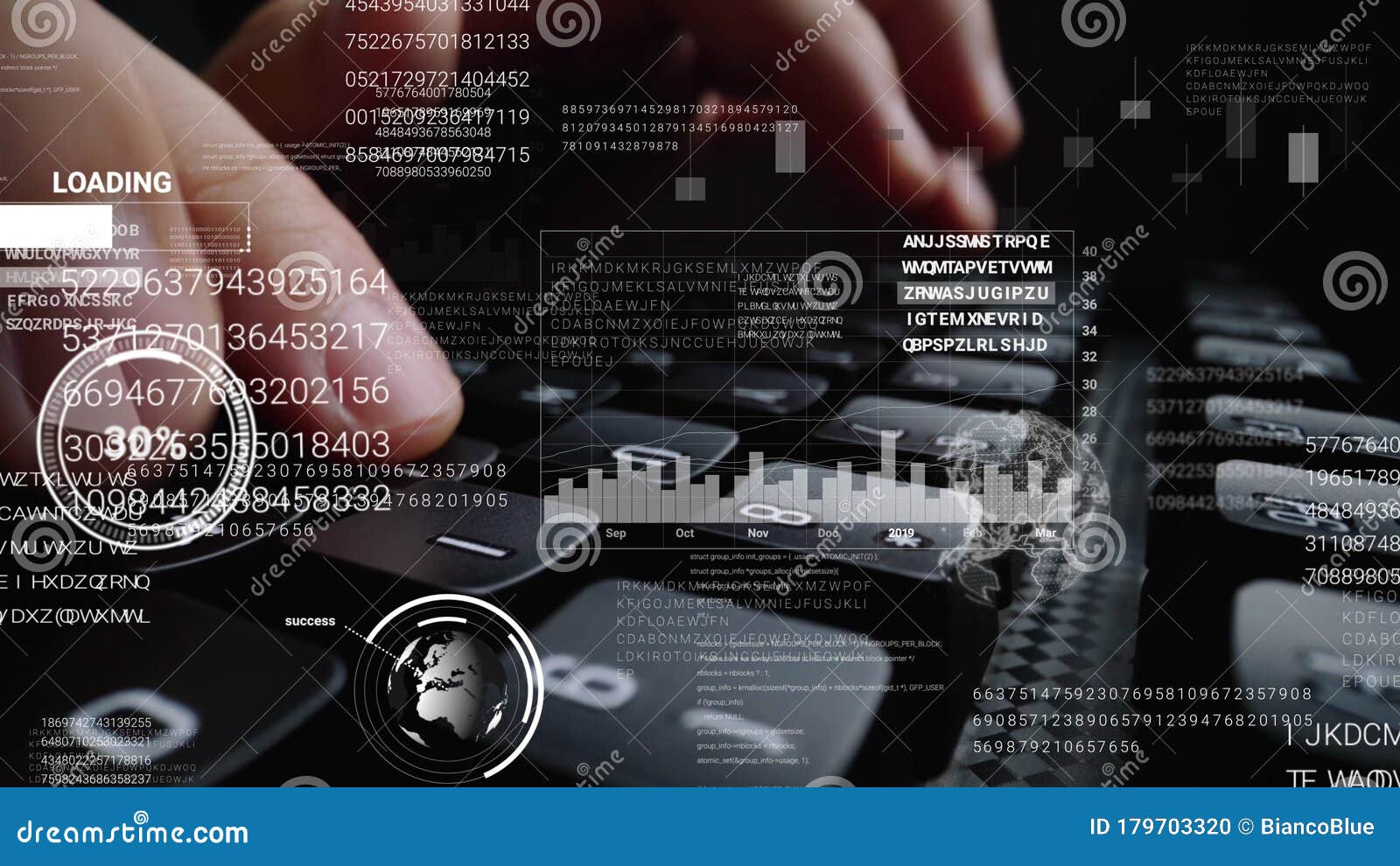 Man Working on Laptop Computer Keyboard with Graphic User Interface GUI ...