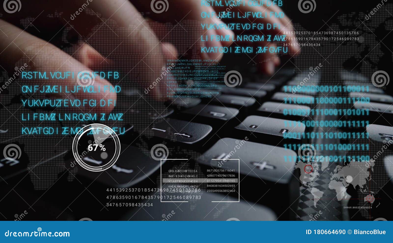 Man Working on Laptop Computer Keyboard with Graphic User Interface GUI ...
