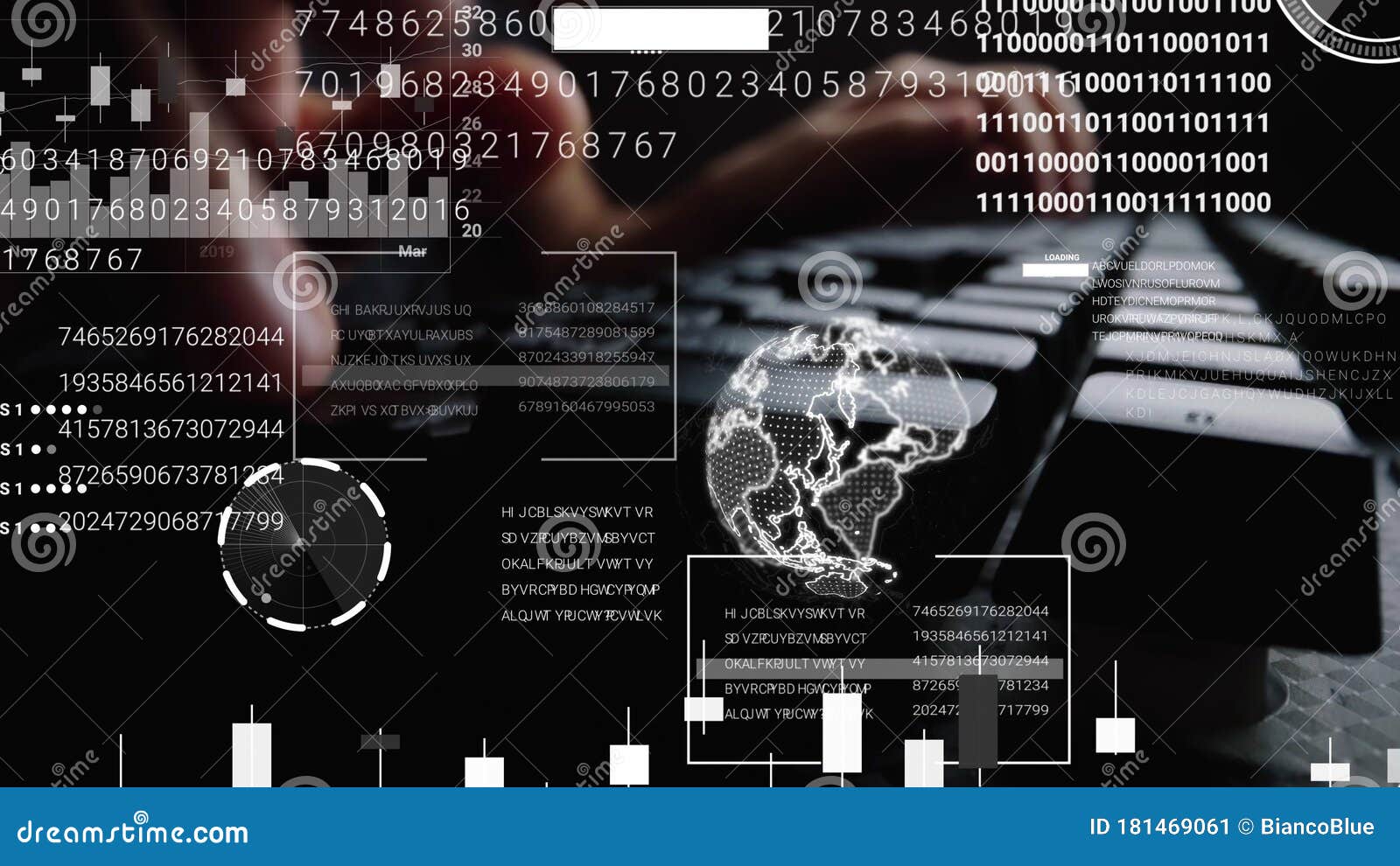 Man Working on Laptop Computer Keyboard with Graphic User Interface GUI ...
