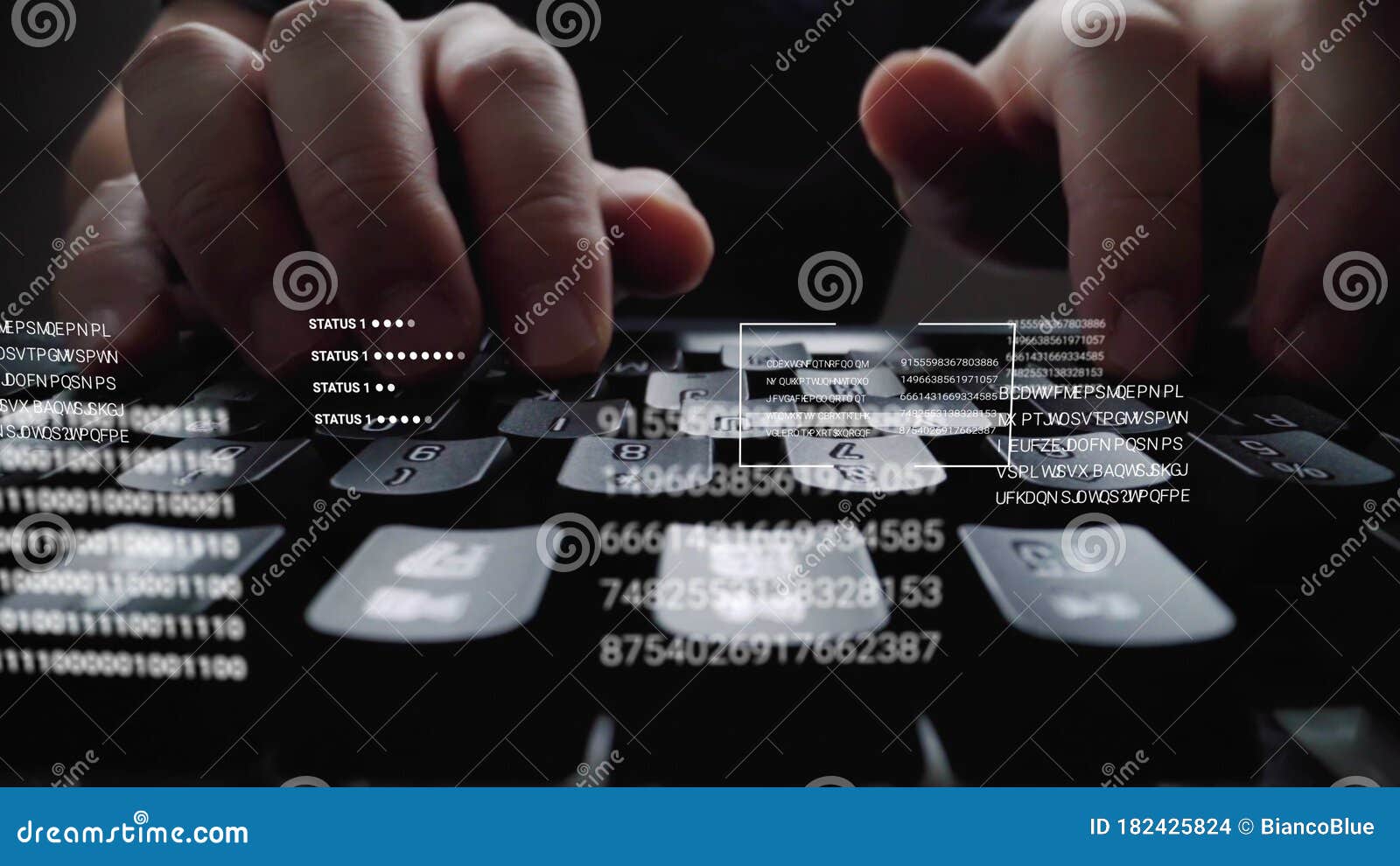 Man Working on Laptop Computer Keyboard with Graphic User Interface GUI ...