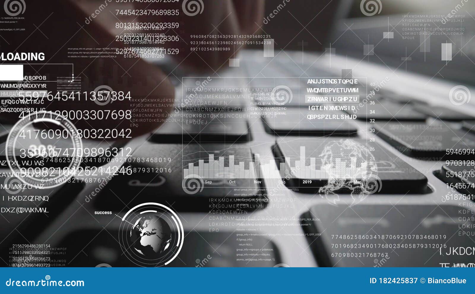 Man Working on Laptop Computer Keyboard with Graphic User Interface GUI ...