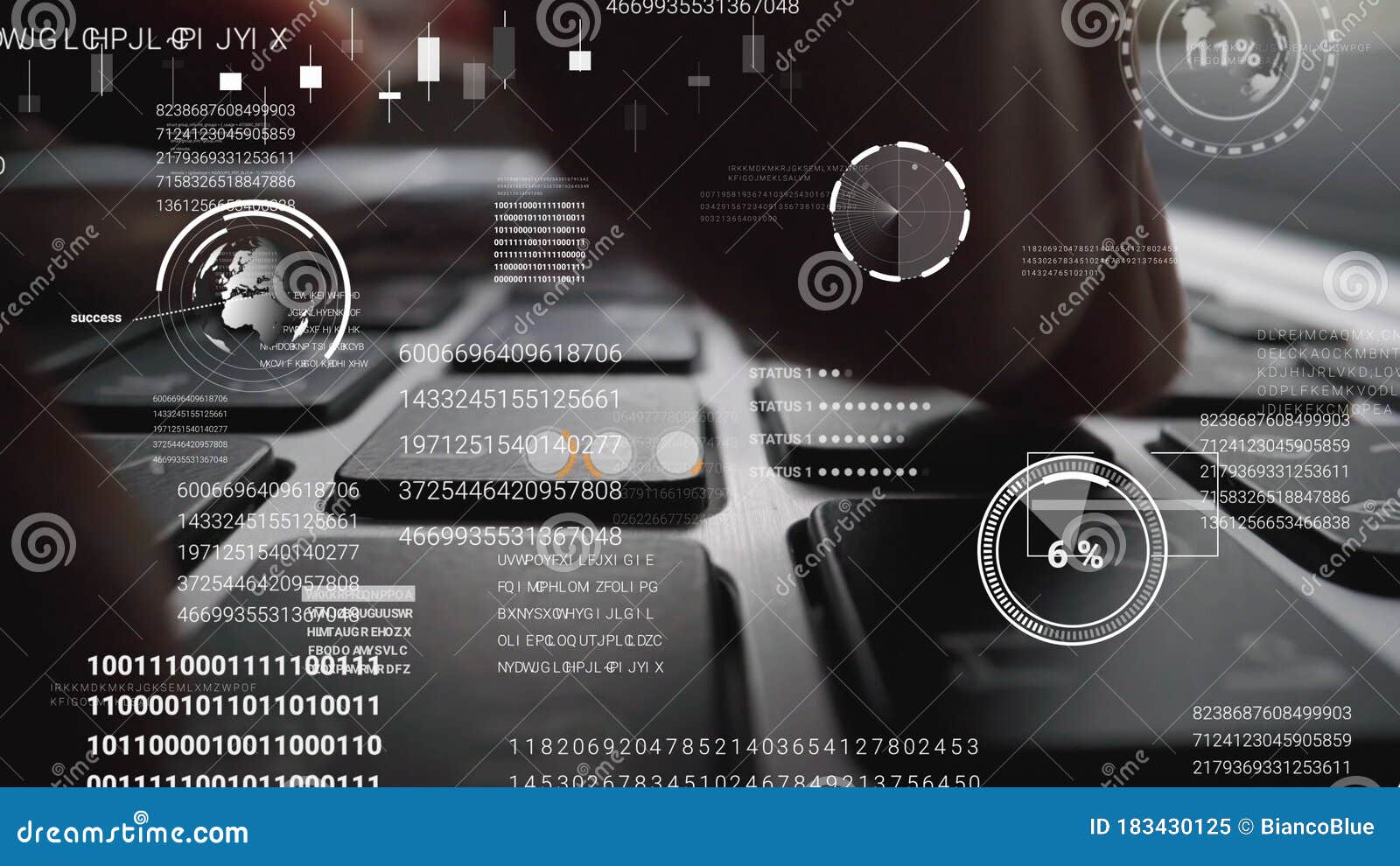 Man Working on Laptop Computer Keyboard with Graphic User Interface GUI ...
