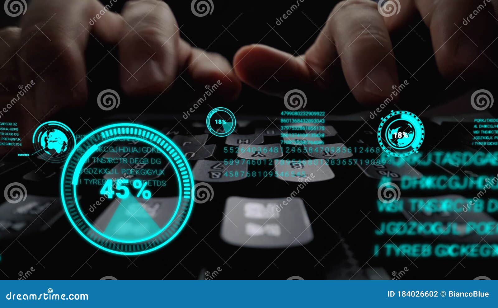 Man Working on Laptop Computer Keyboard with Graphic User Interface GUI ...