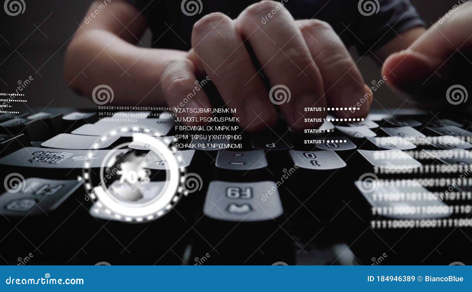 Man Working on Laptop Computer Keyboard with Graphic User Interface GUI ...