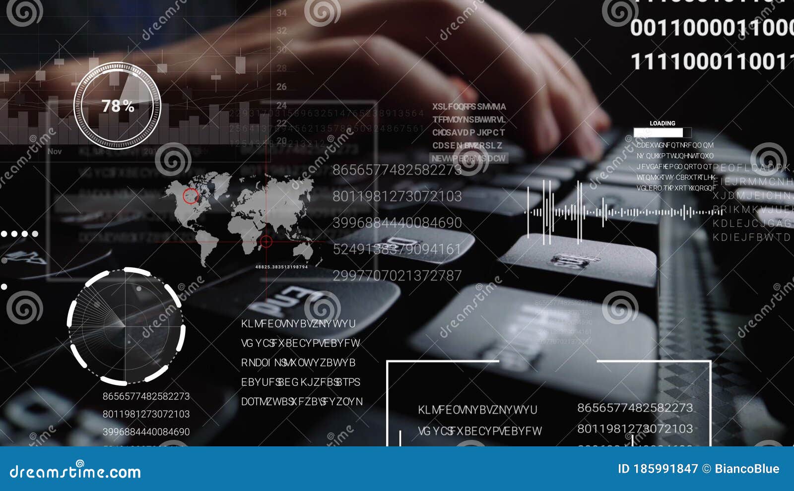 Man Working on Laptop Computer Keyboard with Graphic User Interface GUI ...