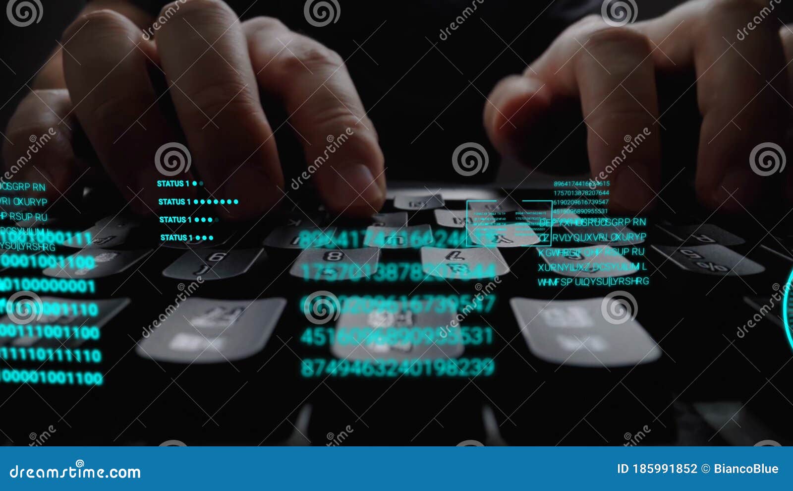 Man Working on Laptop Computer Keyboard with Graphic User Interface GUI ...
