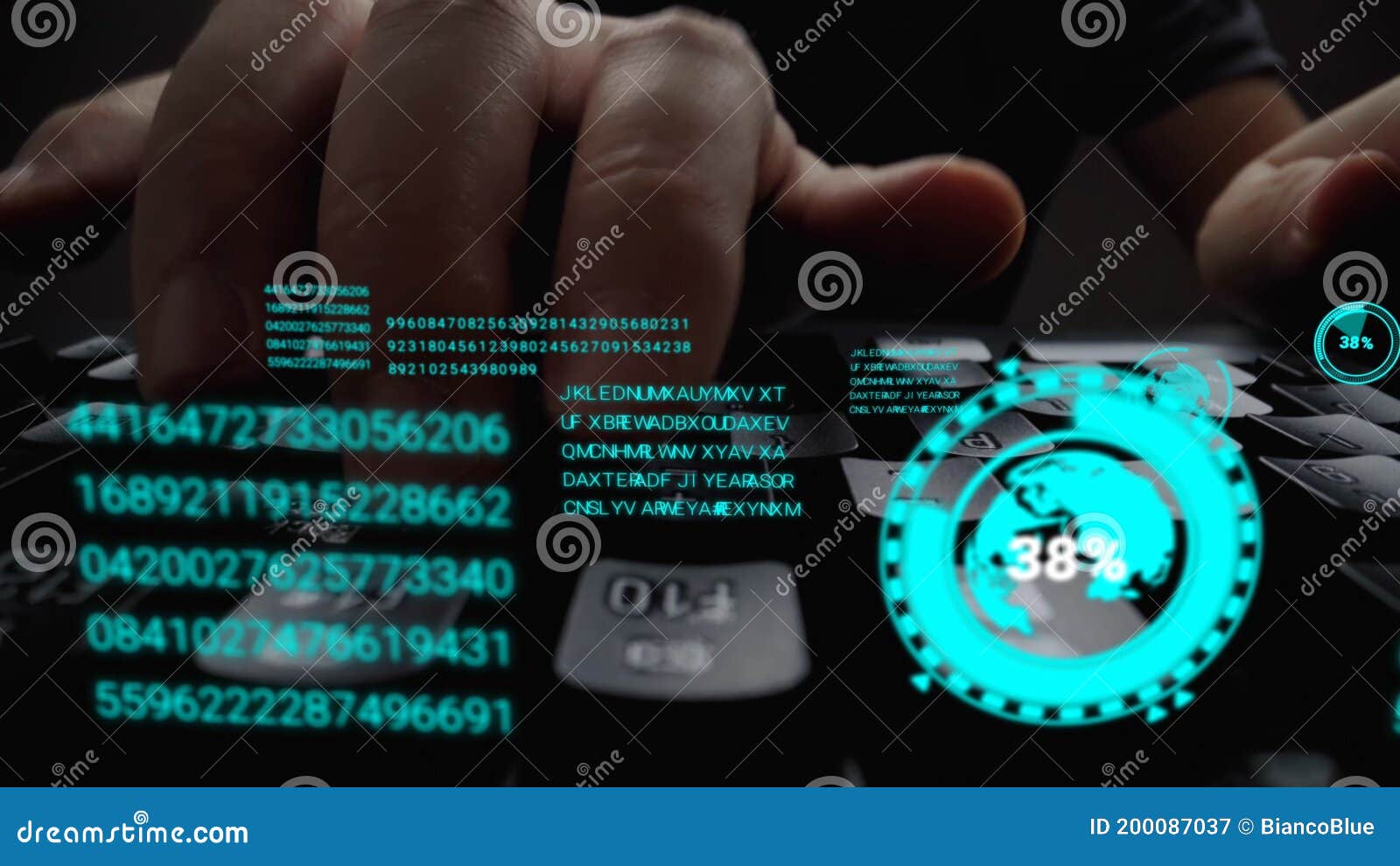 Man Working on Laptop Computer Keyboard with Graphic User Interface GUI ...