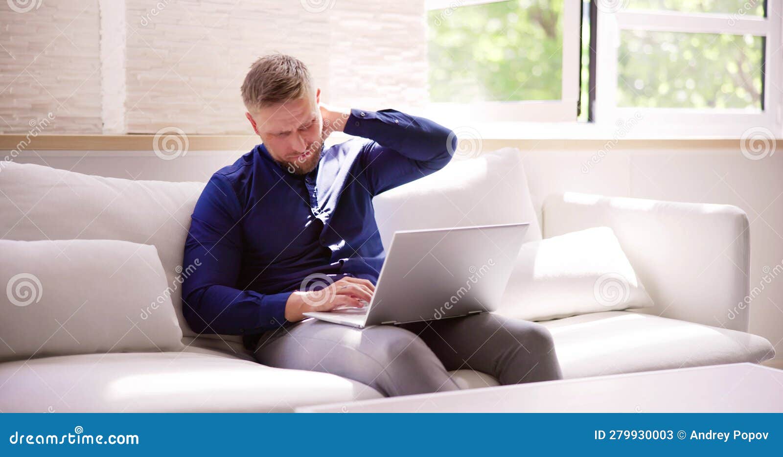 Man Working on Laptop Computer with Neck Injury Pain Stock Image ...