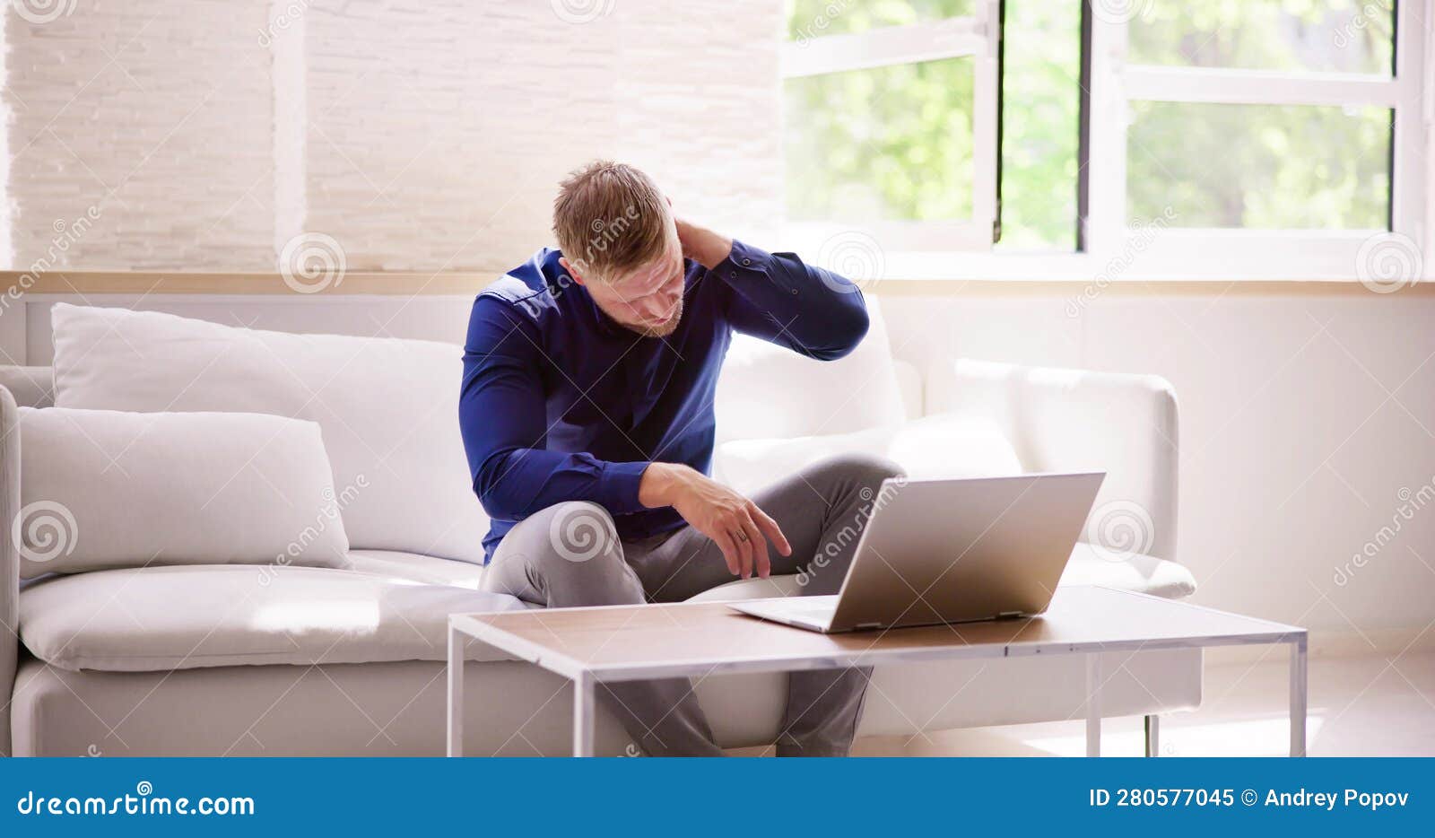 Man Working on Laptop Computer with Neck Injury Pain Stock Image ...