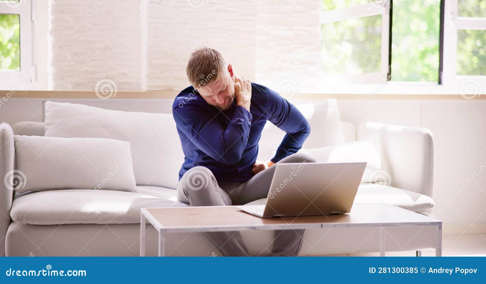 Man Working on Laptop Computer with Neck Injury Pain Stock Image ...