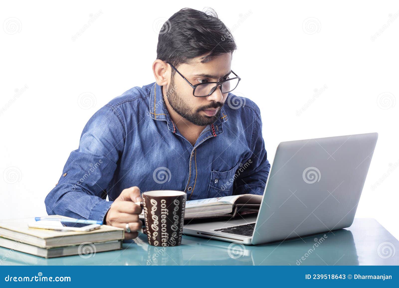 Lazy Man Drinking Coffee and Working on Computer in White Background ...
