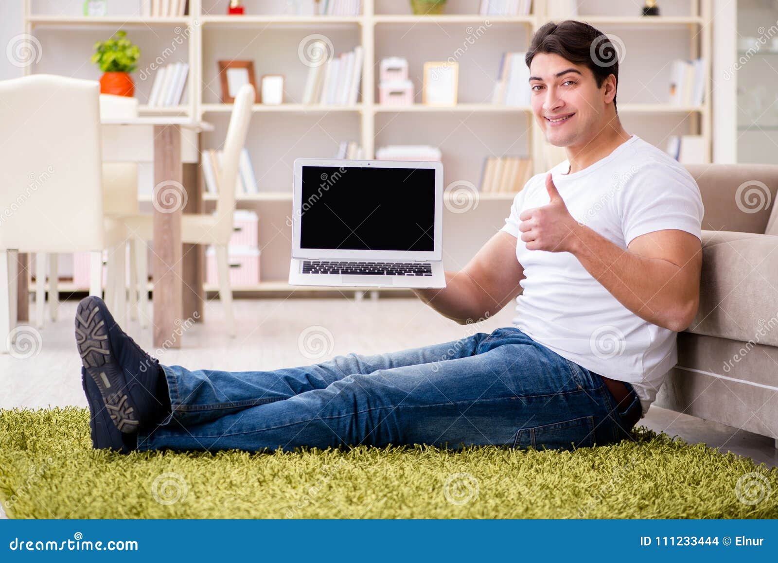 The Man Working on Laptop at Home on Carpet Floor Stock Photo - Image ...