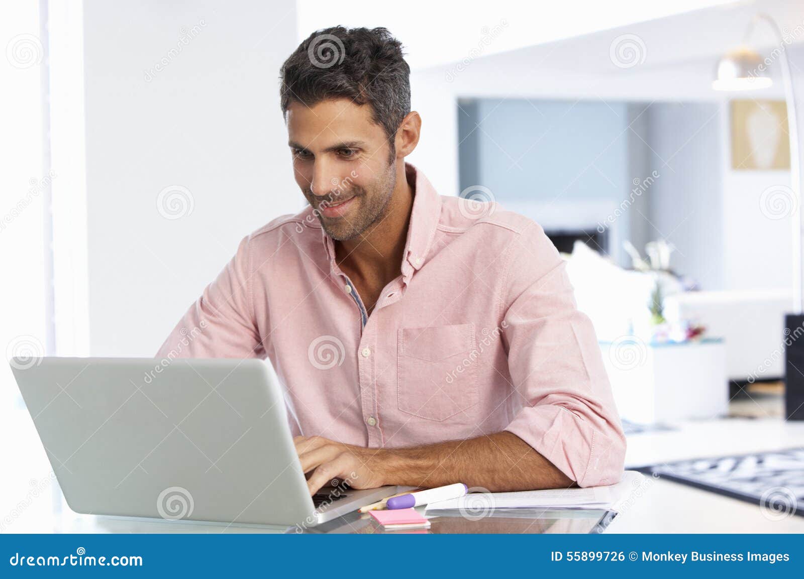 Man Working at Laptop in Home Office Stock Photo - Image of hispanic ...