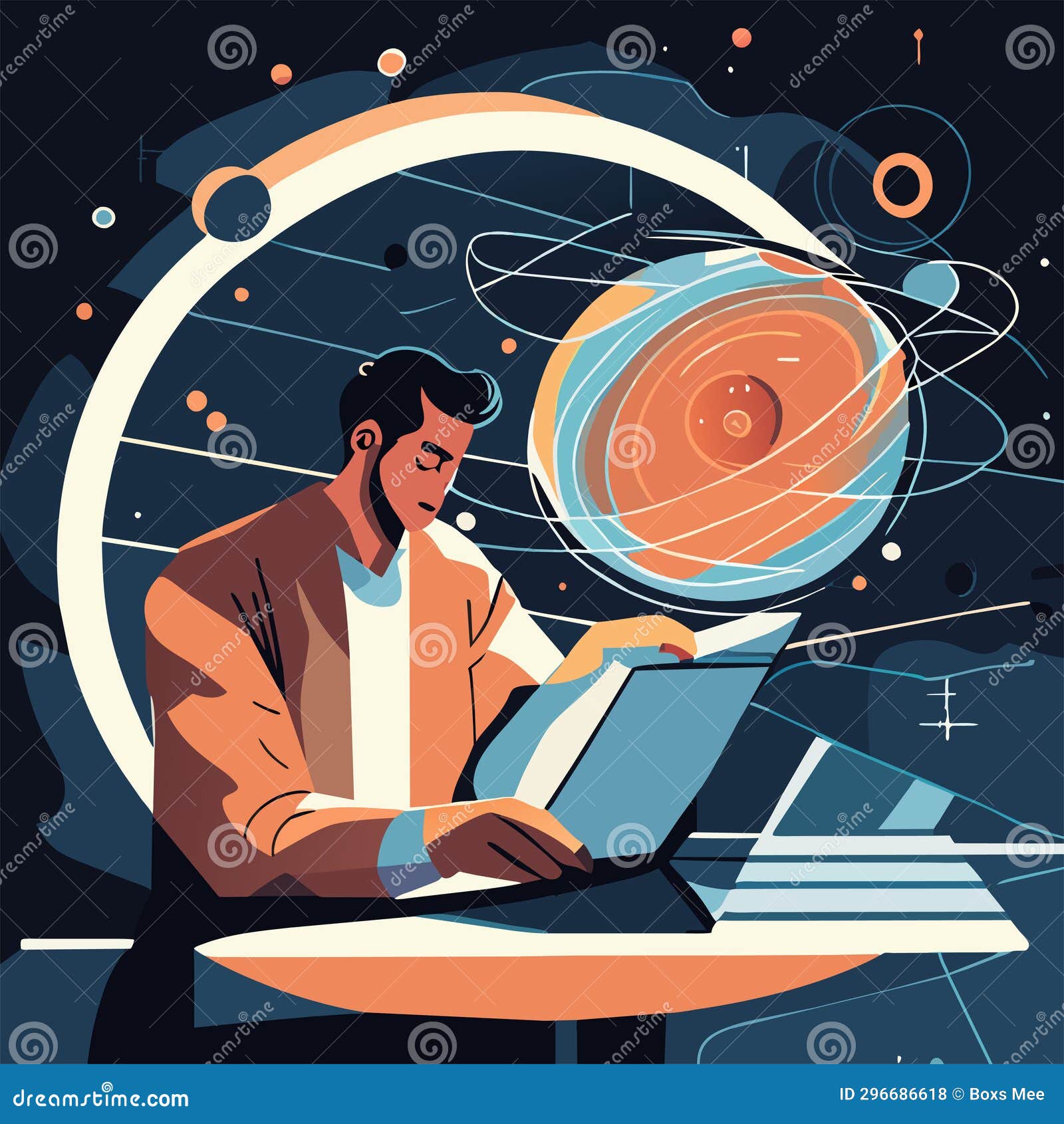 Man Working on Laptop at Home Office, Flat Vector Illustration. Male ...