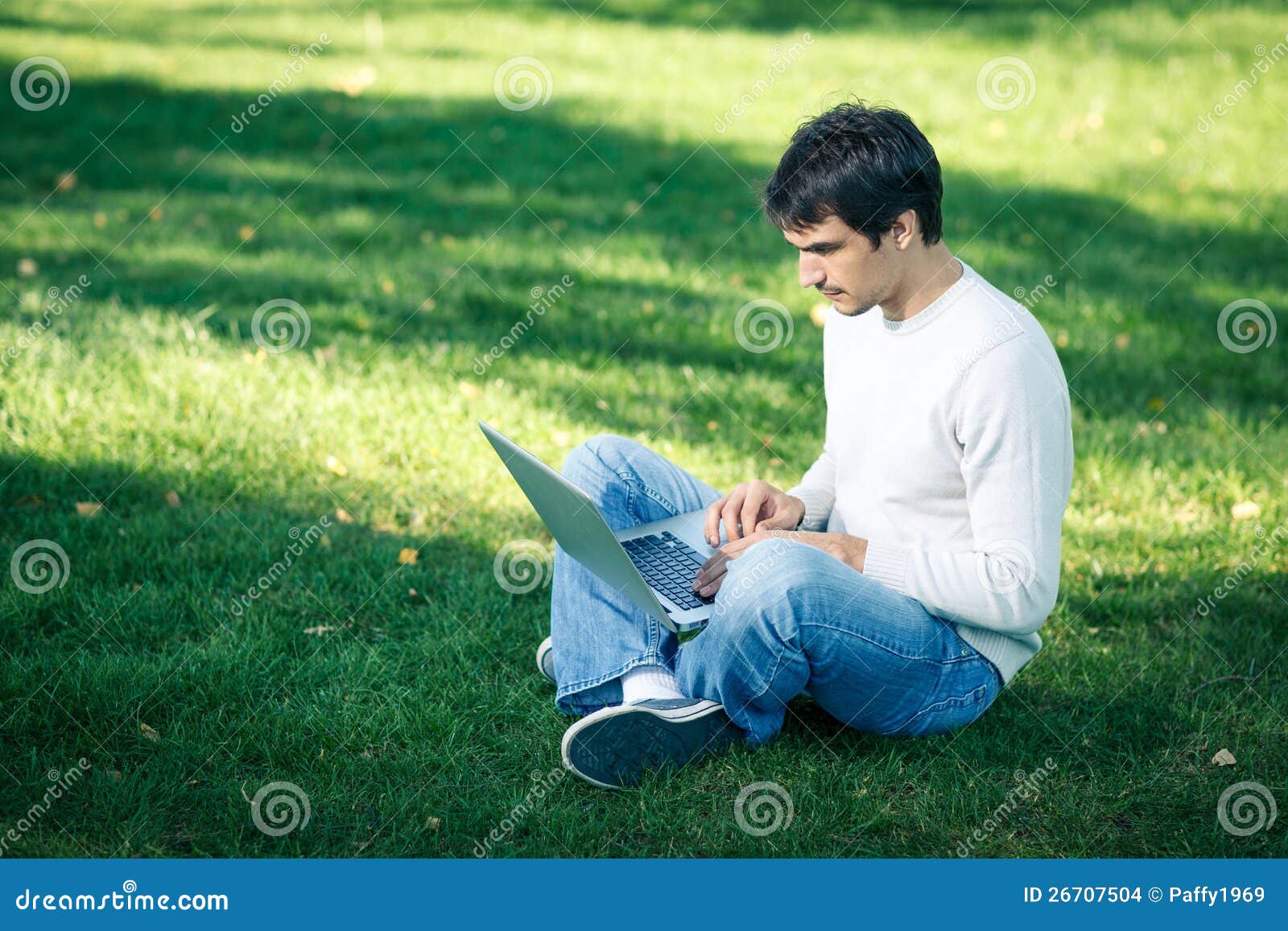 Man Working with Laptop Outdoors Stock Photo - Image of outside, person ...