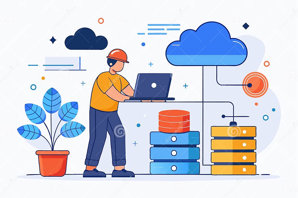 A Man is Working on a Laptop Outdoors with a Cloud in the Background ...