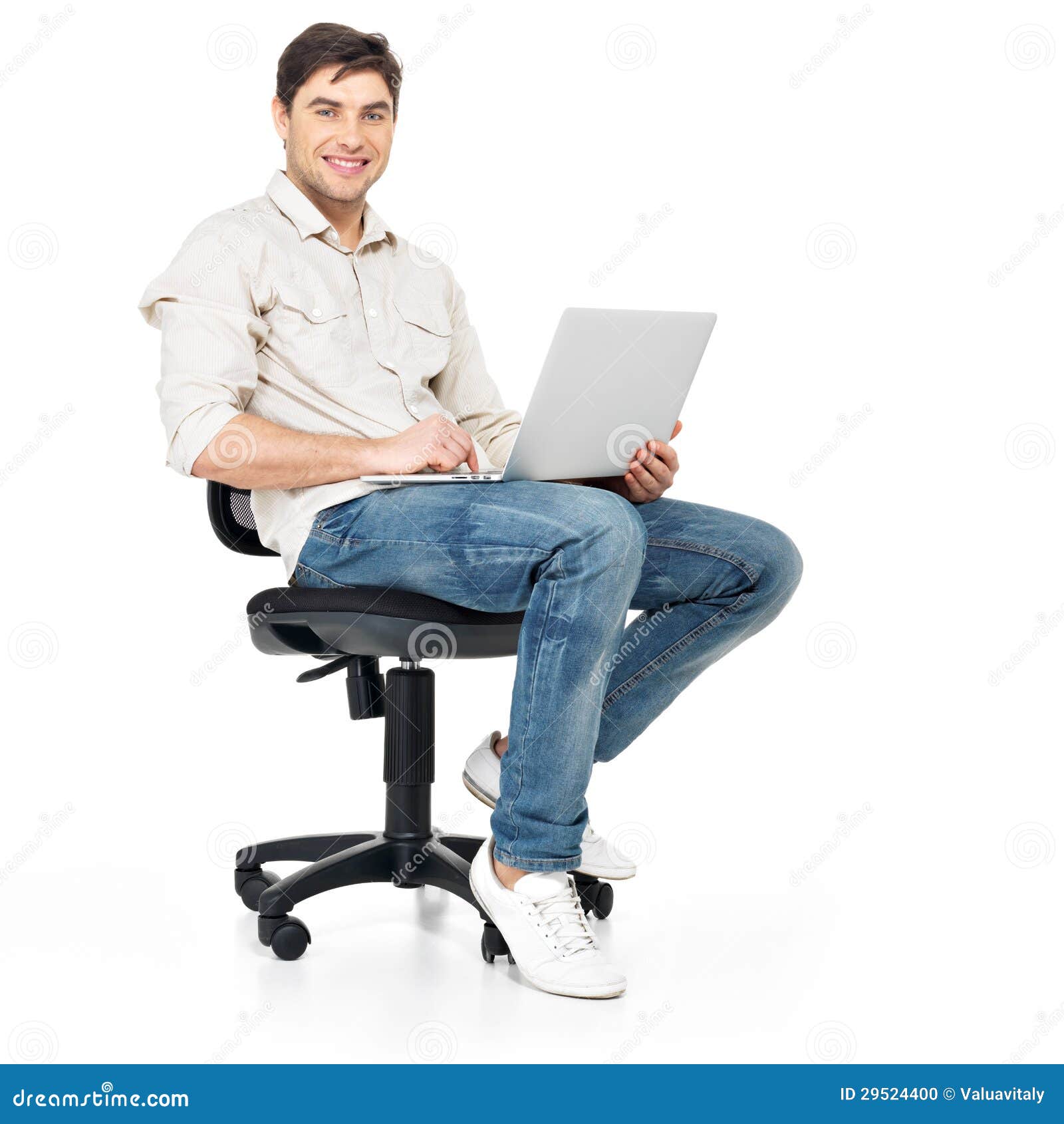 Man Working on Laptop Sits on the Chair Stock Photo - Image of laptop ...