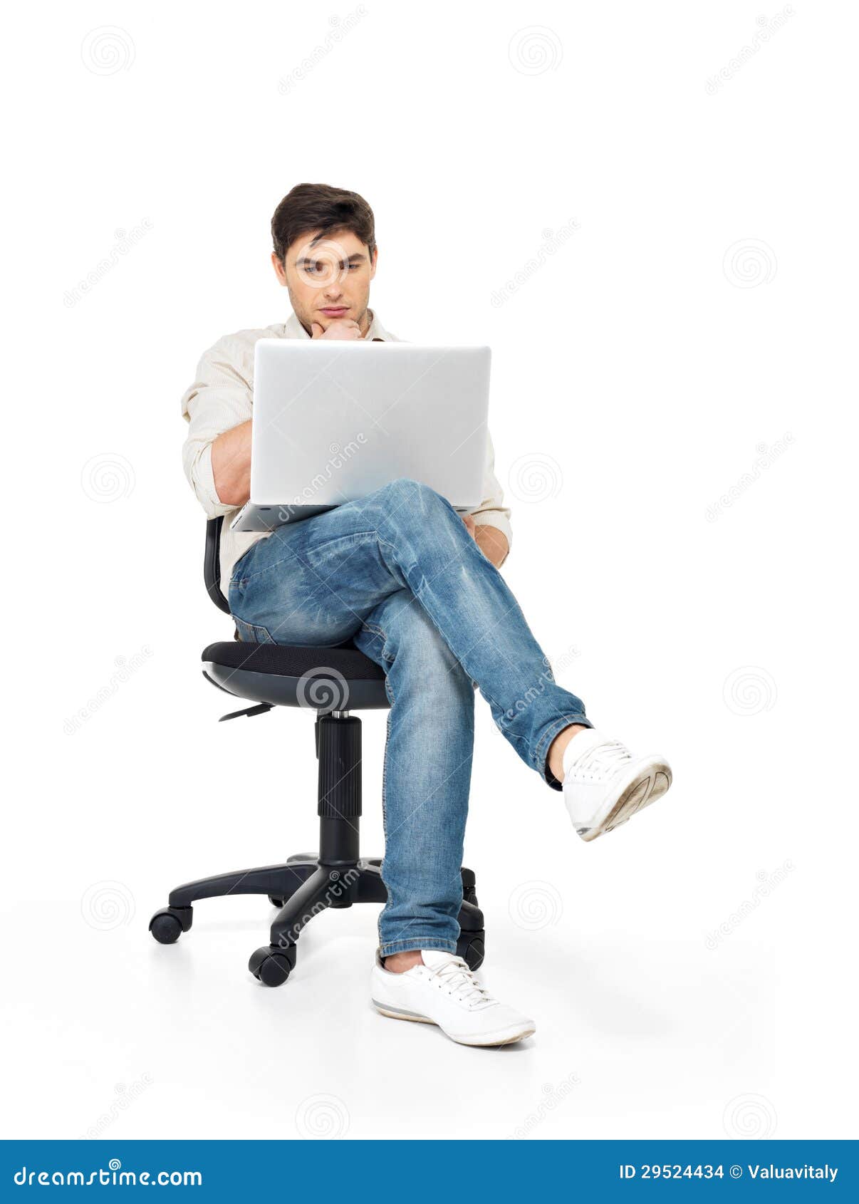 Man Working on Laptop Sits on the Chair Stock Photo - Image of pensive ...
