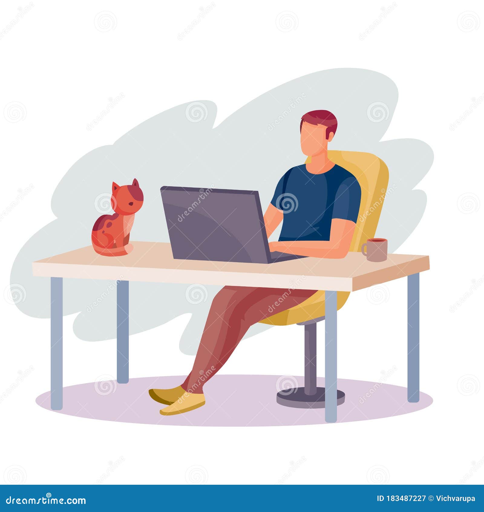 Man Working on a Laptop Sitting at a Table on Which a Red Cat Sits ... Man Working on a Laptop Sitting at a Table on Which a Red Cat Sits ...
