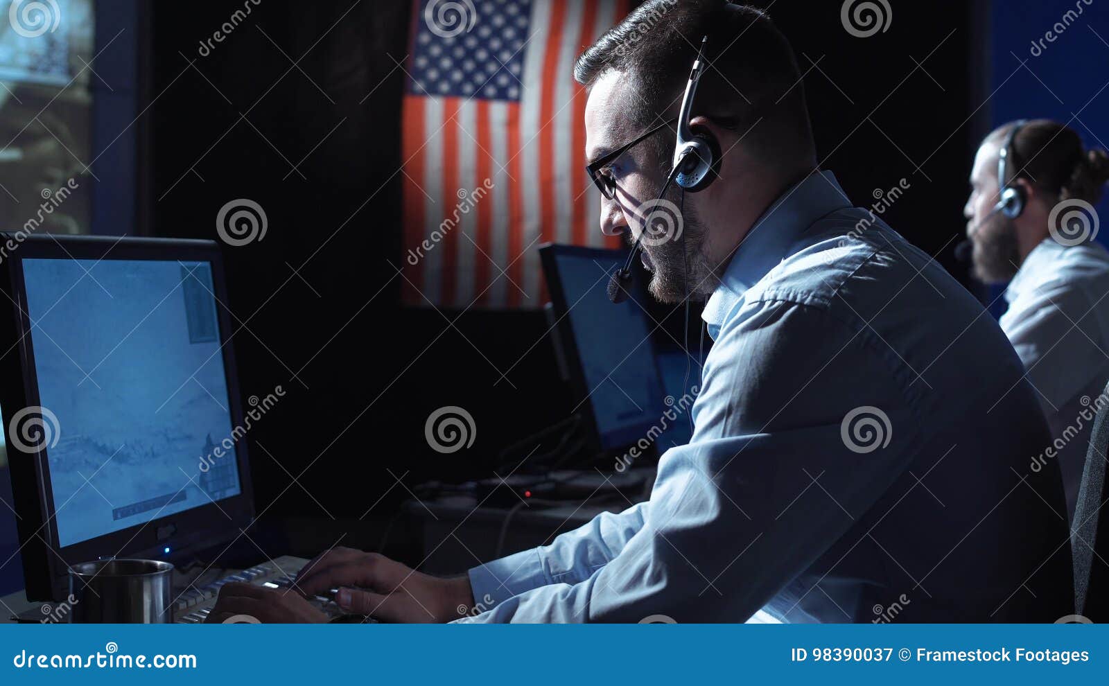 Man Working at Laptop in Space Center Stock Image - Image of ...